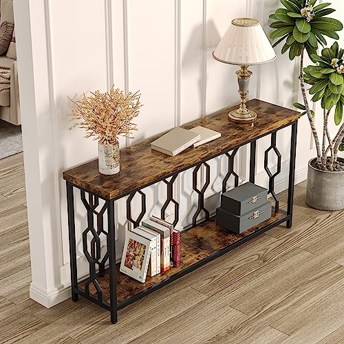 LITTLE TREE Console 55 Inches Vintage Wood Long Sofa 2 Tiers Storage Narrow Entryway Hallway Table, Brown