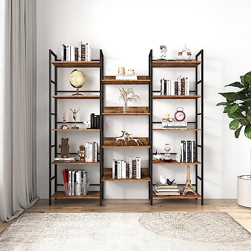 HANLIVES Triple Wide 5 Tiers Bookshelf,Classically Tall Bookcase Shelf,Industrial Book Rack with Metal Frame,Large Etagere Bookshelf Open Display Shelves for Living Room Home Office(Rustic Brown)