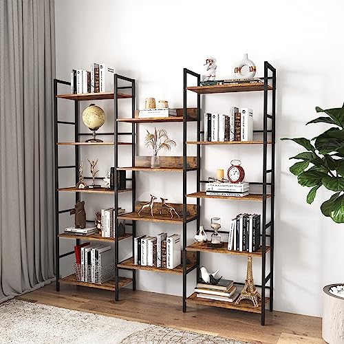 HANLIVES Triple Wide 5 Tiers Bookshelf,Classically Tall Bookcase Shelf,Industrial Book Rack with Metal Frame,Large Etagere Bookshelf Open Display Shelves for Living Room Home Office(Rustic Brown)