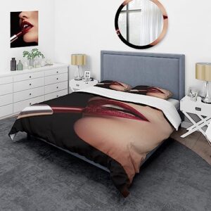 design art designart 'applying red lipstick on lips' modern duvet cover comforter set king cover + comforter + 2 king shams 4 piece