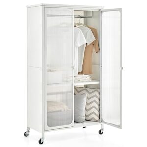 giantex closet wardrobe, portable closet with rollers, mobile metal armoire closet with hanging rod, adjustable shelf, rolling closet storage accent cabinet, armoire clothes organizer for bedroom