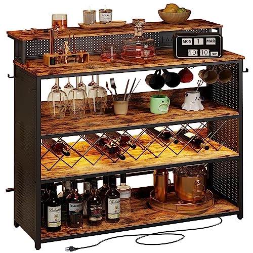 IRONCK Bar Cabinet with LED Lights and Charging Station, Home Bar Unit 4 Tiers with Wine Racks, Glass Holders, Industrial Storage Buffet Cabinet for Kitchen, Dining Room, Living Room