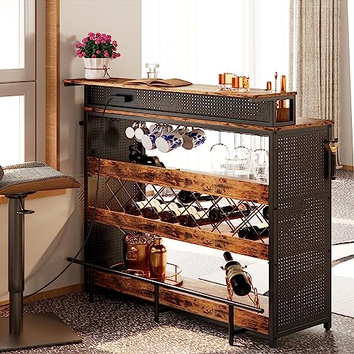 IRONCK Bar Cabinet with LED Lights and Charging Station, Home Bar Unit 4 Tiers with Wine Racks, Glass Holders, Industrial Storage Buffet Cabinet for Kitchen, Dining Room, Living Room