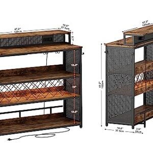 IRONCK Bar Cabinet with LED Lights and Charging Station, Home Bar Unit 4 Tiers with Wine Racks, Glass Holders, Industrial Storage Buffet Cabinet for Kitchen, Dining Room, Living Room