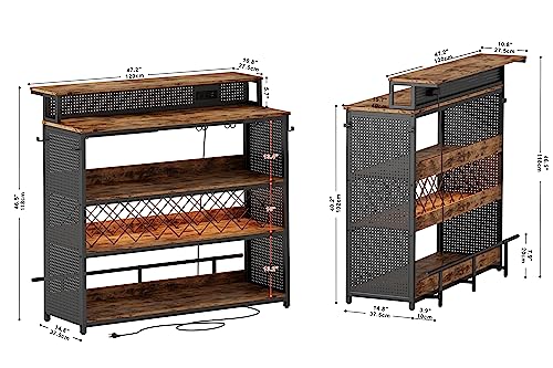 IRONCK Bar Cabinet with LED Lights and Charging Station, Home Bar Unit 4 Tiers with Wine Racks, Glass Holders, Industrial Storage Buffet Cabinet for Kitchen, Dining Room, Living Room