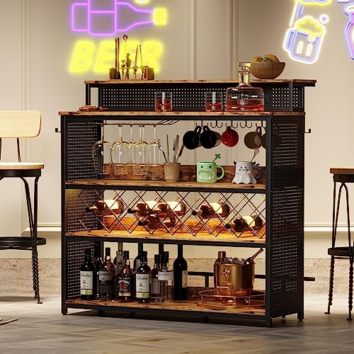 IRONCK Bar Cabinet with LED Lights and Charging Station, Home Bar Unit 4 Tiers with Wine Racks, Glass Holders, Industrial Storage Buffet Cabinet for Kitchen, Dining Room, Living Room