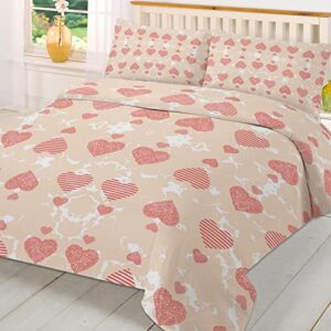 3 pieces bedding set twin size, red love heart soft durable duvet cover set comforter cover set with zipper closure all-season breathable bedding set romantic white geometric red striped beige