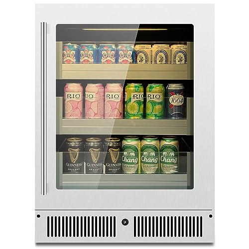 Vesgold Beverage Refrigerator Mini Wine fridge for dorm office small house freestanding Stainless Steel Glass Door 24 inch wide Under Counter Cooler