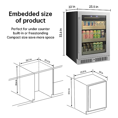 Vesgold Beverage Refrigerator Mini Wine fridge for dorm office small house freestanding Stainless Steel Glass Door 24 inch wide Under Counter Cooler