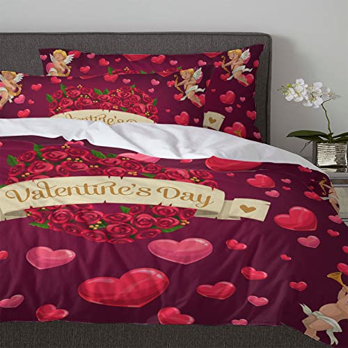 3 Pieces Bedding Set Full Size, Valentine's Day Soft Durable Duvet Cover Set Comforter Cover Set with Zipper Closure&Corner Ties All-Season Breathable Bedding Set Pink Red Love Heart Roses Romantic