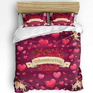 3 Pieces Bedding Set Full Size, Valentine's Day Soft Durable Duvet Cover Set Comforter Cover Set with Zipper Closure&Corner Ties All-Season Breathable Bedding Set Pink Red Love Heart Roses Romantic