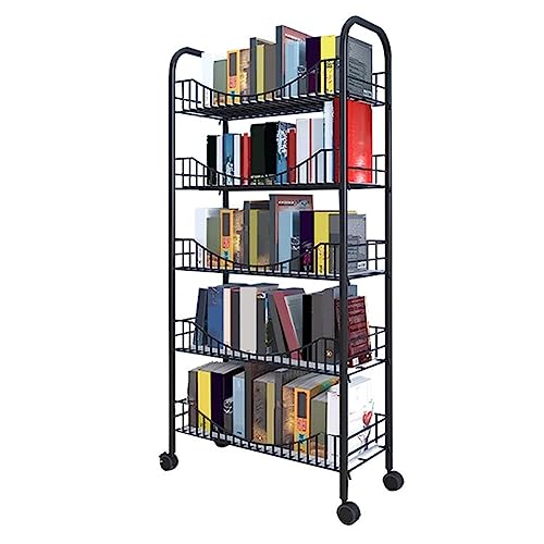 KWOKING Metal Bookshelf with 360° Rotating Universal Wheels Open Back Bookcase Bookshelf Shelf Dormitory Floor Cart Bedside Bookshelf Gap Storage Book Artifact Black 15.7" L x 10.6" W x 44.1" H