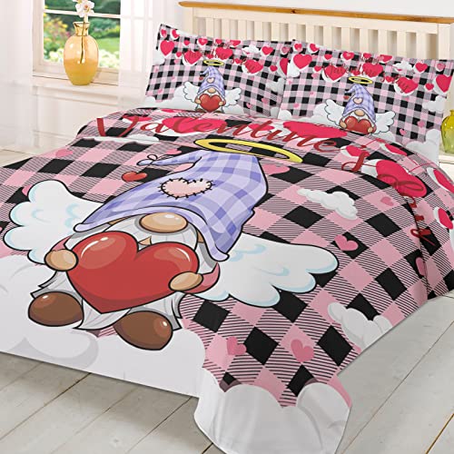 3 Pieces Bedding Set Queen Size, Valentines Day Soft Durable Duvet Cover Set Comforter Cover Set with Zipper Closure All-Season Breathable Bedding Set Red Love Heart Gnomes Pink Black Plaid