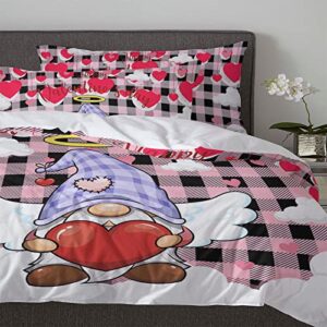 3 Pieces Bedding Set Queen Size, Valentines Day Soft Durable Duvet Cover Set Comforter Cover Set with Zipper Closure All-Season Breathable Bedding Set Red Love Heart Gnomes Pink Black Plaid