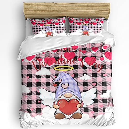 3 Pieces Bedding Set Queen Size, Valentines Day Soft Durable Duvet Cover Set Comforter Cover Set with Zipper Closure All-Season Breathable Bedding Set Red Love Heart Gnomes Pink Black Plaid