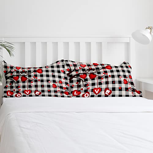 3 Pieces Bedding Set Twin Size, Valentines Soft Durable Duvet Cover Set Comforter Cover Set with Zipper Closure&Corner Ties All-Season Breathable Bedding Set Red Love Heart Tree Black and White Plaid