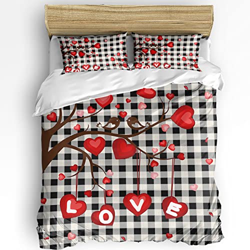 3 Pieces Bedding Set Twin Size, Valentines Soft Durable Duvet Cover Set Comforter Cover Set with Zipper Closure&Corner Ties All-Season Breathable Bedding Set Red Love Heart Tree Black and White Plaid