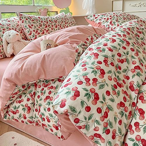 Cherry Duvet Cover Set, 100% Cotton Pure Cotton Printing，Home Standard Four-piece Bedding Set Decorative, Deep Pocket, Warm, Super Soft, Breathable Sheets with 2 Pillow Shams, Red ( Size : A1.2m3pcs )