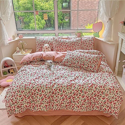 Cherry Duvet Cover Set, 100% Cotton Pure Cotton Printing，Home Standard Four-piece Bedding Set Decorative, Deep Pocket, Warm, Super Soft, Breathable Sheets with 2 Pillow Shams, Red ( Size : A1.2m3pcs )