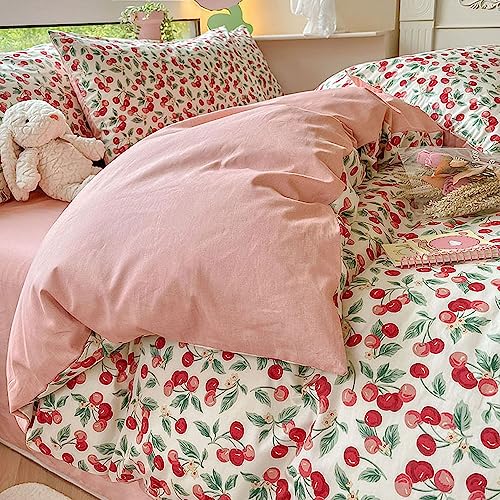 Cherry Duvet Cover Set, 100% Cotton Pure Cotton Printing，Home Standard Four-piece Bedding Set Decorative, Deep Pocket, Warm, Super Soft, Breathable Sheets with 2 Pillow Shams, Red ( Size : A1.2m3pcs )