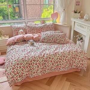 Cherry Duvet Cover Set, 100% Cotton Pure Cotton Printing，Home Standard Four-piece Bedding Set Decorative, Deep Pocket, Warm, Super Soft, Breathable Sheets with 2 Pillow Shams, Red ( Size : A1.2m3pcs )