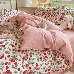 Cherry Duvet Cover Set, 100% Cotton Pure Cotton Printing，Home Standard Four-piece Bedding Set Decorative, Deep Pocket, Warm, Super Soft, Breathable Sheets with 2 Pillow Shams, Red ( Size : A1.2m3pcs )