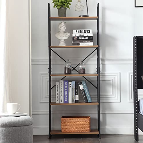 WISCLASS 5 Tier Bookshelf Rustic Wood & Metal Frame Bookcase Shelf Industrial Storage Organizer Modern Display Shelf Rack Open Back Standing Shelving Unit for Bedroom Living Room Home Office