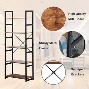 WISCLASS 5 Tier Bookshelf Rustic Wood & Metal Frame Bookcase Shelf Industrial Storage Organizer Modern Display Shelf Rack Open Back Standing Shelving Unit for Bedroom Living Room Home Office