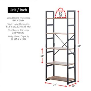 WISCLASS 5 Tier Bookshelf Rustic Wood & Metal Frame Bookcase Shelf Industrial Storage Organizer Modern Display Shelf Rack Open Back Standing Shelving Unit for Bedroom Living Room Home Office