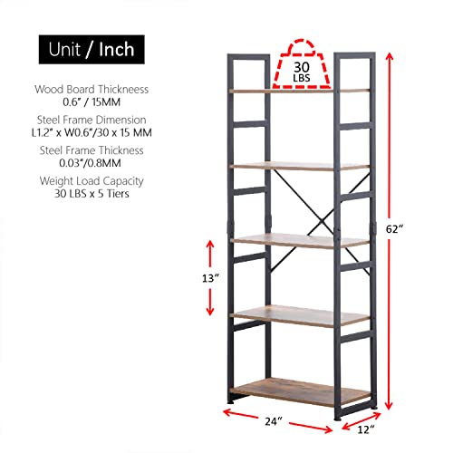 WISCLASS 5 Tier Bookshelf Rustic Wood & Metal Frame Bookcase Shelf Industrial Storage Organizer Modern Display Shelf Rack Open Back Standing Shelving Unit for Bedroom Living Room Home Office