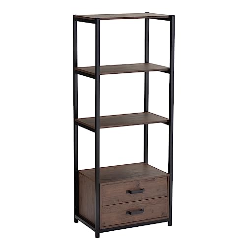 SmallCock 4-Tier Bookshelf, Simple Industrial Bookcase Standing Shelf Unit Storage Organizer with 4 Open Storage Shelves and Two Drawers (Brown)