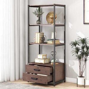 SmallCock 4-Tier Bookshelf, Simple Industrial Bookcase Standing Shelf Unit Storage Organizer with 4 Open Storage Shelves and Two Drawers (Brown)