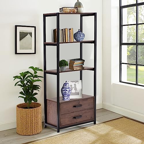 SmallCock 4-Tier Bookshelf, Simple Industrial Bookcase Standing Shelf Unit Storage Organizer with 4 Open Storage Shelves and Two Drawers (Brown)