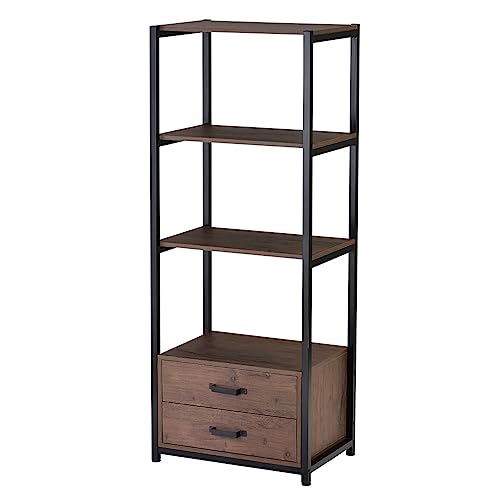 SmallCock 4-Tier Bookshelf, Simple Industrial Bookcase Standing Shelf Unit Storage Organizer with 4 Open Storage Shelves and Two Drawers (Brown)