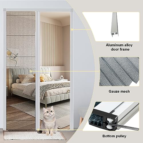 Sliding Mesh Screen Door, French Door, Retractable Screen Door,Mosquito Proof with Ventilation and Customizable Size (White)