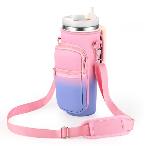 OUTXE Water Bottle Carrier Bag for 40oz Stanley Tumbler with Handle& Simple Modern, Water Bottle Holder with Adjustable Strap& Phone Pocket, Water Cup Pouch for Walking, Travel, Camping (Pink Blue)