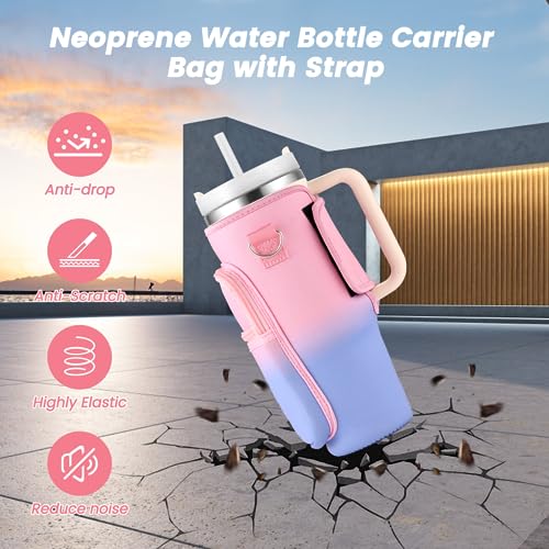 OUTXE Water Bottle Carrier Bag for 40oz Stanley Tumbler with Handle& Simple Modern, Water Bottle Holder with Adjustable Strap& Phone Pocket, Water Cup Pouch for Walking, Travel, Camping (Pink Blue)