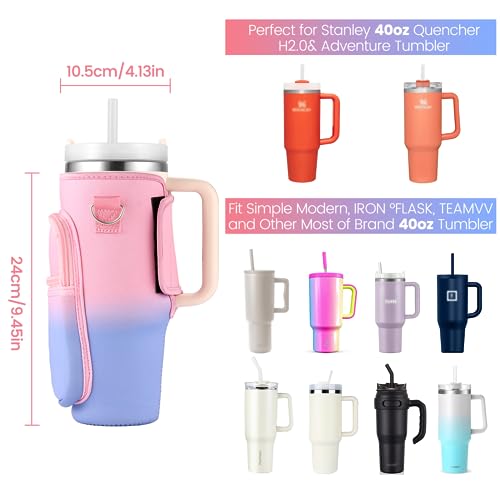 OUTXE Water Bottle Carrier Bag for 40oz Stanley Tumbler with Handle& Simple Modern, Water Bottle Holder with Adjustable Strap& Phone Pocket, Water Cup Pouch for Walking, Travel, Camping (Pink Blue)