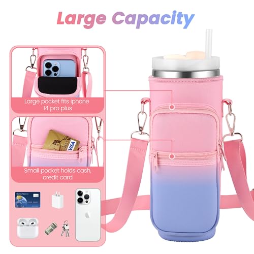 OUTXE Water Bottle Carrier Bag for 40oz Stanley Tumbler with Handle& Simple Modern, Water Bottle Holder with Adjustable Strap& Phone Pocket, Water Cup Pouch for Walking, Travel, Camping (Pink Blue)