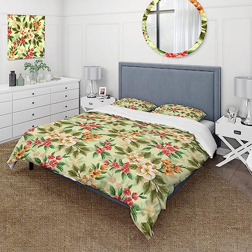 DESIGN ART Designart 'Pink White and Red Flowers and Leaves On Beige Background.' Traditional Duvet Cover Set Full - Queen