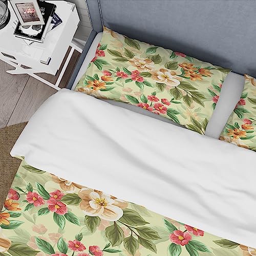 DESIGN ART Designart 'Pink White and Red Flowers and Leaves On Beige Background.' Traditional Duvet Cover Set Full - Queen