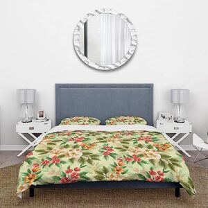 DESIGN ART Designart 'Pink White and Red Flowers and Leaves On Beige Background.' Traditional Duvet Cover Set Full - Queen