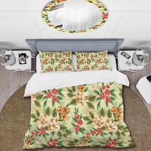 DESIGN ART Designart 'Pink White and Red Flowers and Leaves On Beige Background.' Traditional Duvet Cover Set Full - Queen