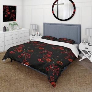 design art designart 'grunge red summer flowers on black' traditional duvet cover set king