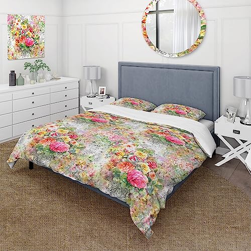 DESIGN ART Designart 'Red Yellow & Pink Flowers with Grunge Floral Background' Traditional Duvet Cover Set Twin