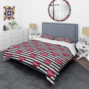 design art designart 'red lips fashion pattern' mid-century duvet cover set full/queen cover +2 shams (comforter not included) 3 piece