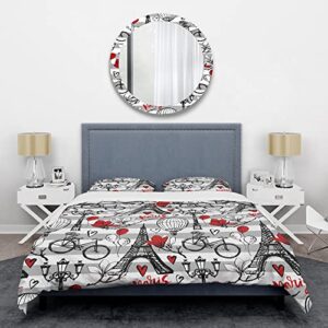 design art designart 'paris eiffel red hearts ii' mid-century duvet cover set twin cover + 1 sham (comforter not included) 2 piece