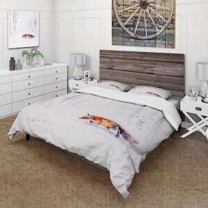 design art designart 'red fox running in white snow ii' farmhouse duvet cover set full/queen cover + 2 shams 3 piece