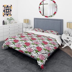 DESIGN ART Designart 'Retro Pink and Red Roses' Mid-Century Duvet Cover Set Full/Queen Cover +2 Shams (Comforter not Included) 3 Piece