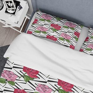 DESIGN ART Designart 'Retro Pink and Red Roses' Mid-Century Duvet Cover Set Full/Queen Cover +2 Shams (Comforter not Included) 3 Piece